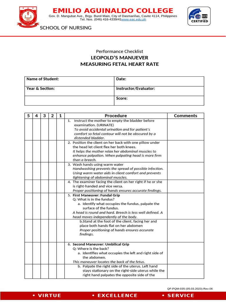 Leopolds Maneuver Fetal Heart Tone Fundic Height Checklist | PDF