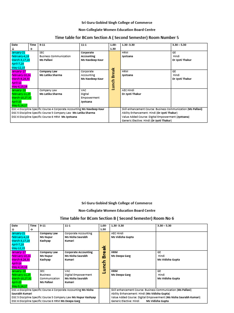 Timetable BCOM Even Sem 2023-24 | PDF