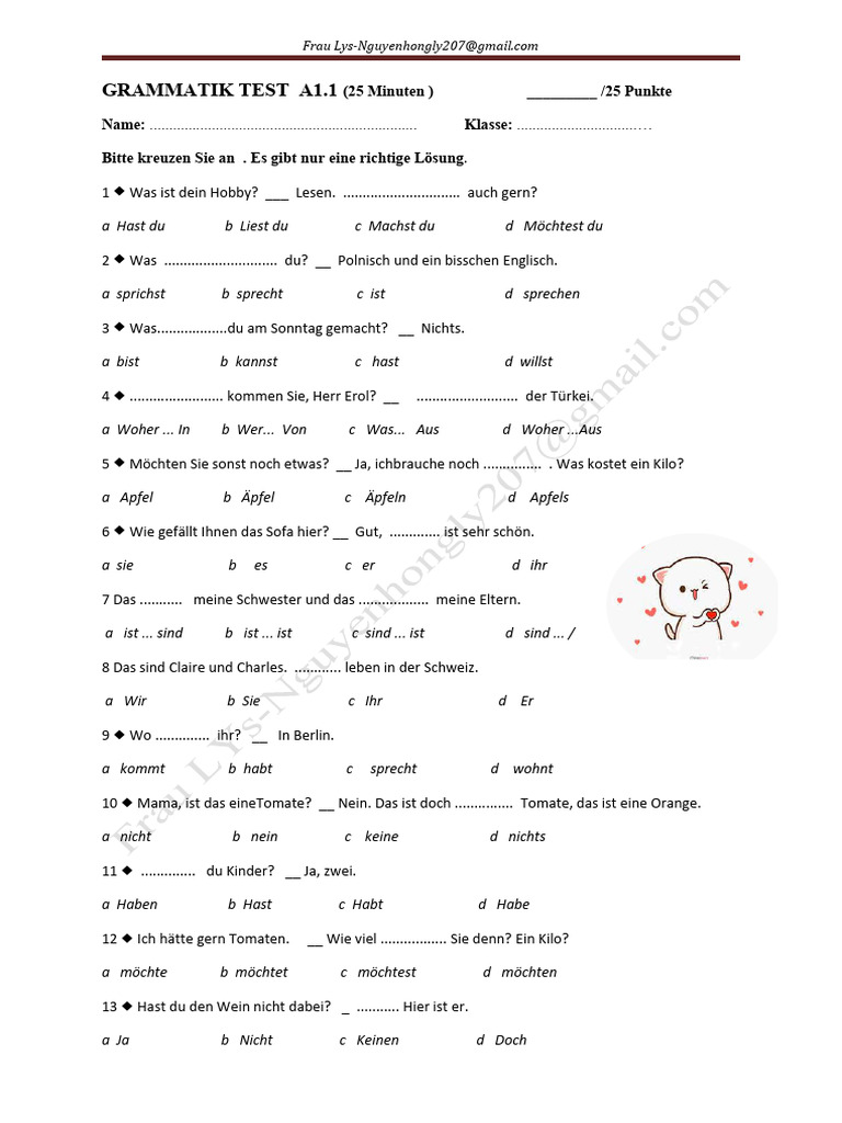 Grammatik Test A1.1 | PDF