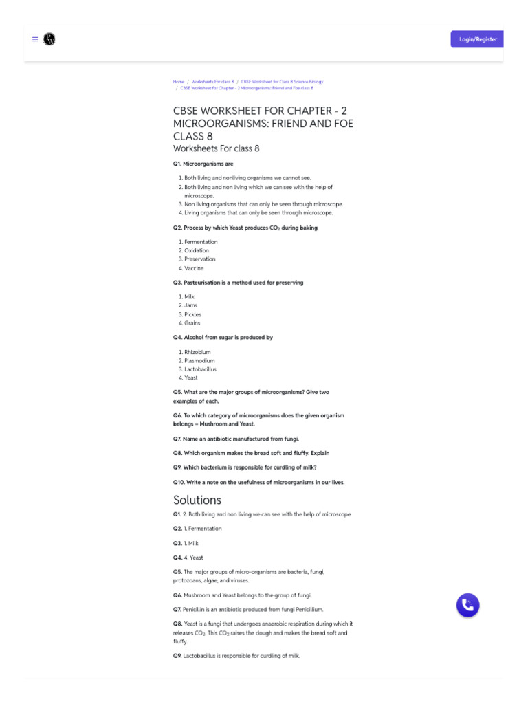 WWW PW Live Worksheet Class 8 Cbse Class 8 Biology Chapter 2 ...