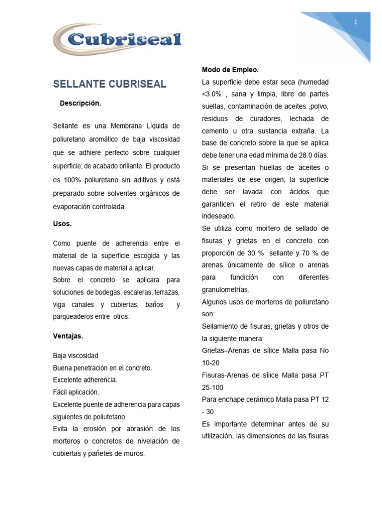 Hoja Tecnica Sellante Cubriseal 2020 | PDF