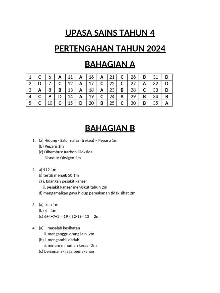 Skema Jawapan Upasa Sains Tahun 4 2024 Pertengahan | PDF