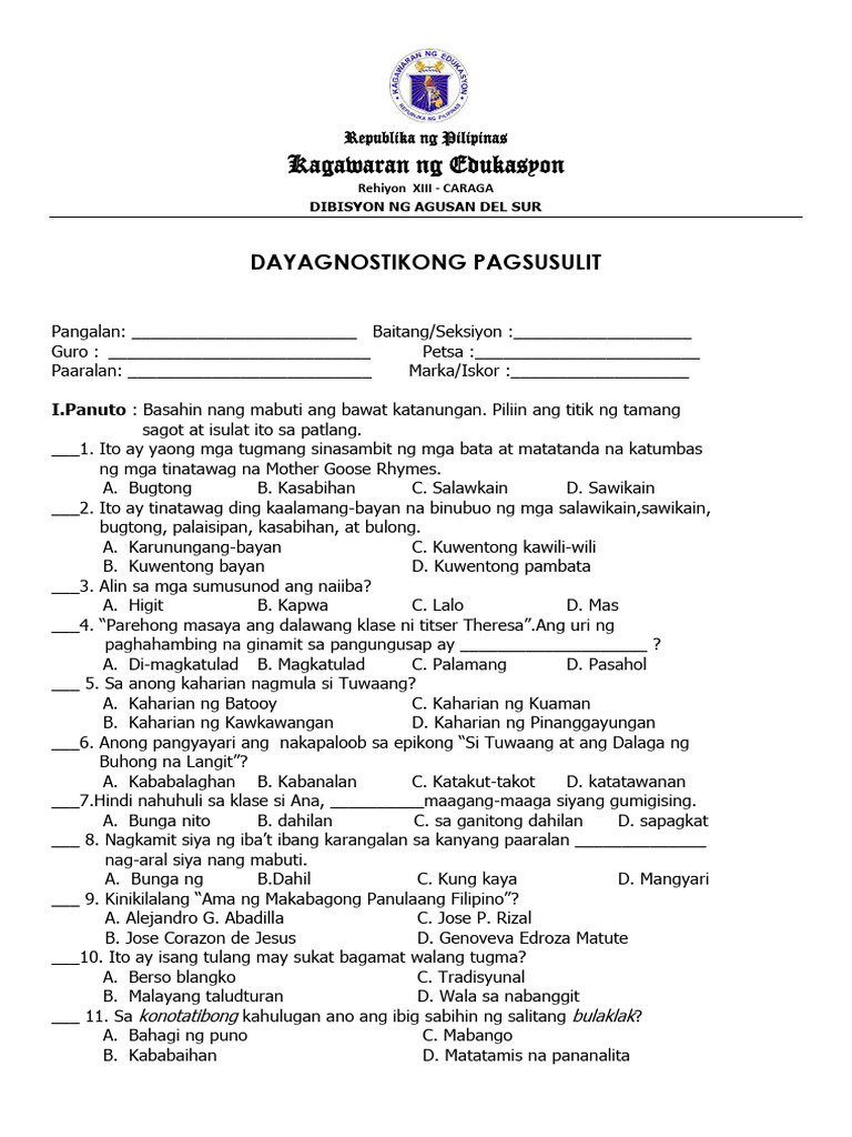 FIL8 - Dayagnostikong - Pagsusulit PP | PDF