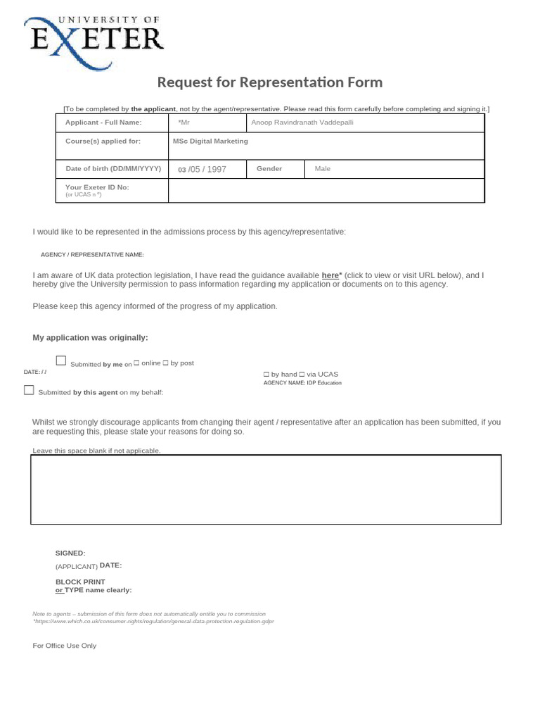 University of Exeter Request For Representation Form | PDF