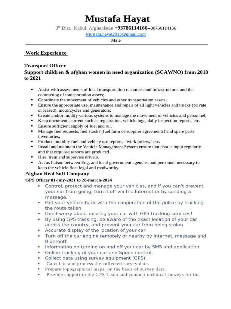 Mustafa Hayat: Transport & GPS Officer Resume | PDF | Surveying | Transport