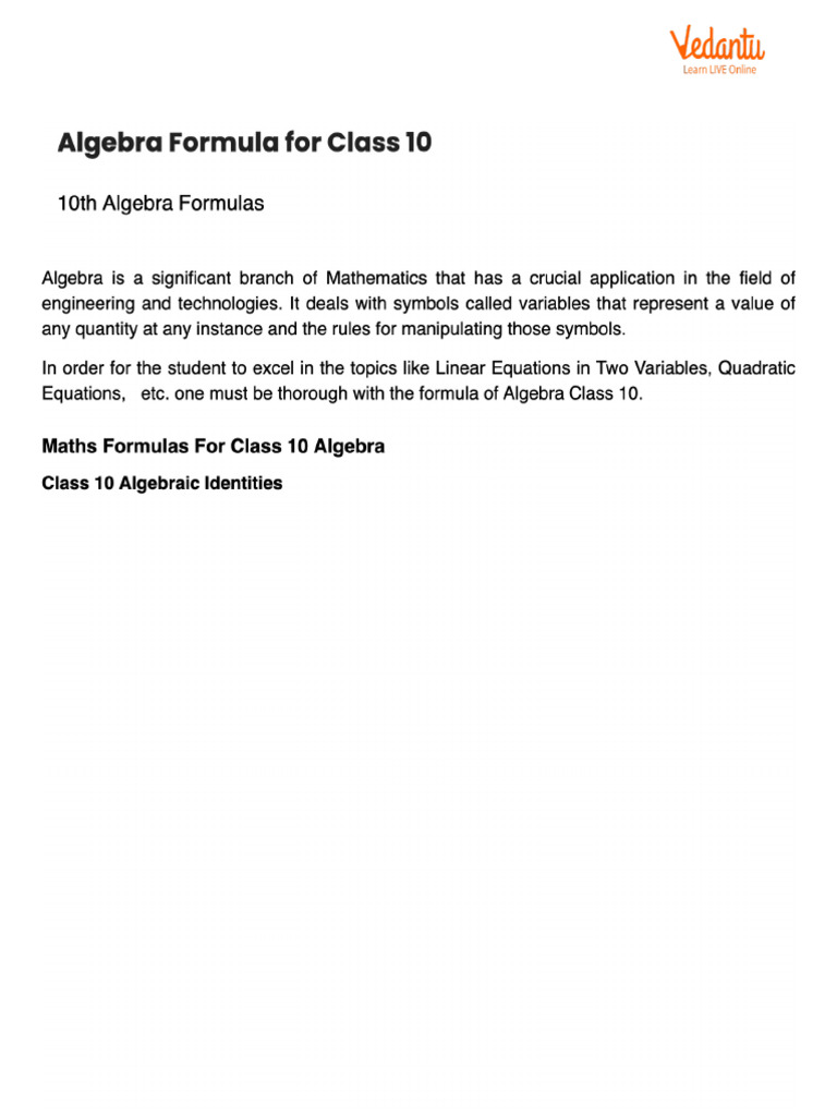 Algebra Formula for Class 10 | PDF
