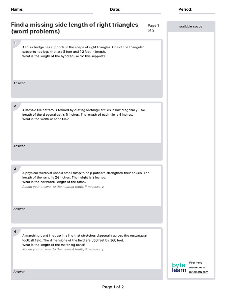 Find a Missing Side Length of Right Triangle Sword Problems Worksheet | PDF