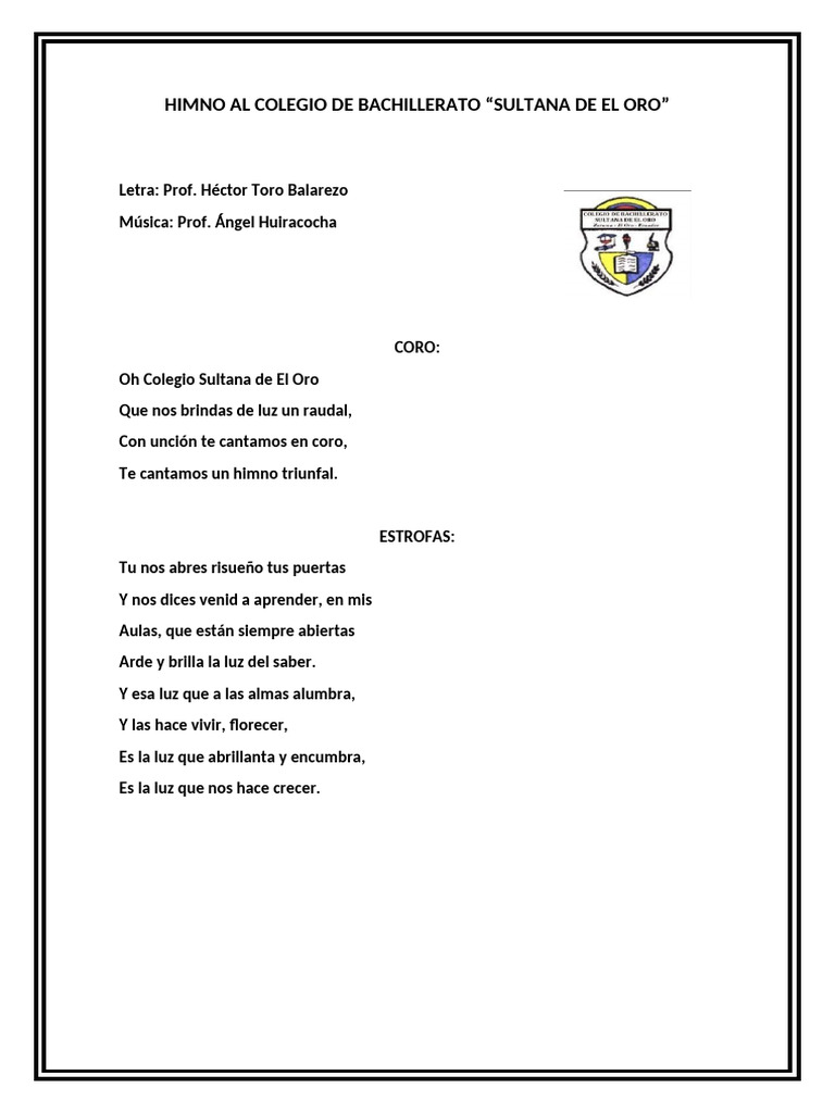Letra Del Himno Al Colegio de Bachillerato | PDF