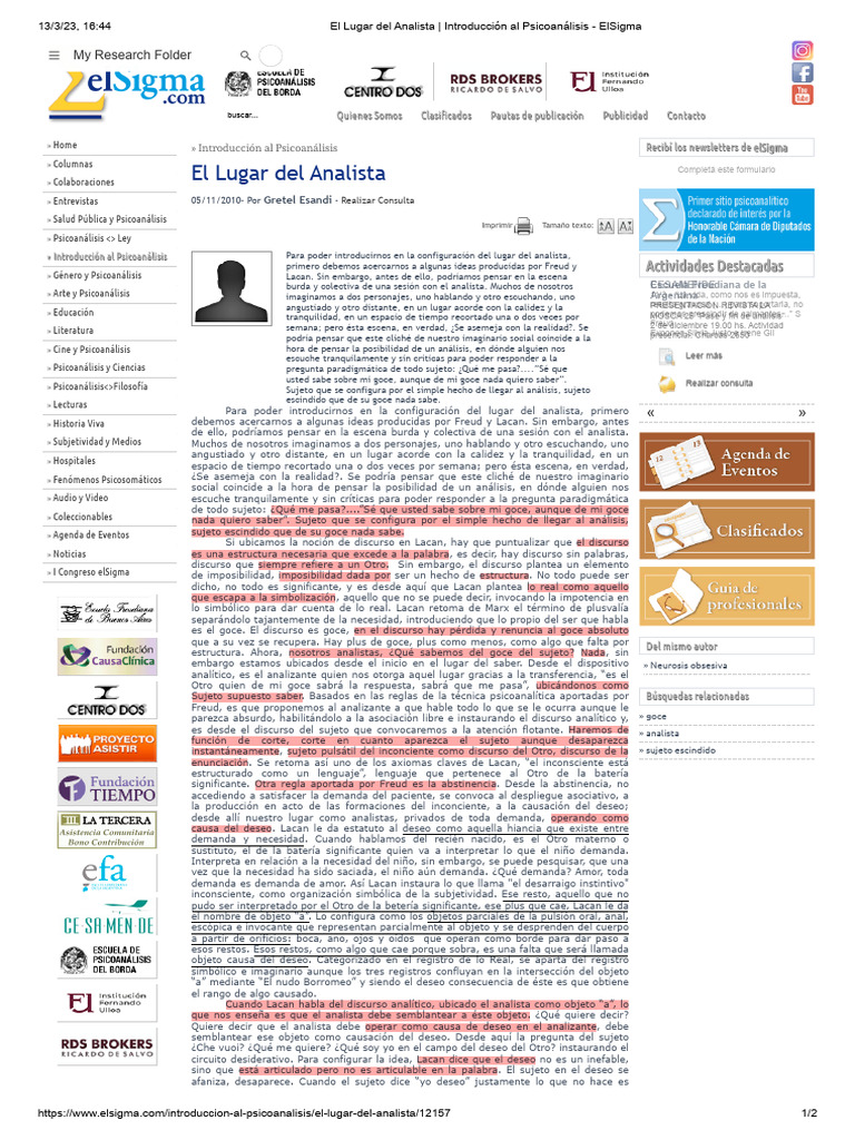 El Lugar Del Analista - Introducción Al Psicoanálisis - ElSigma | PDF