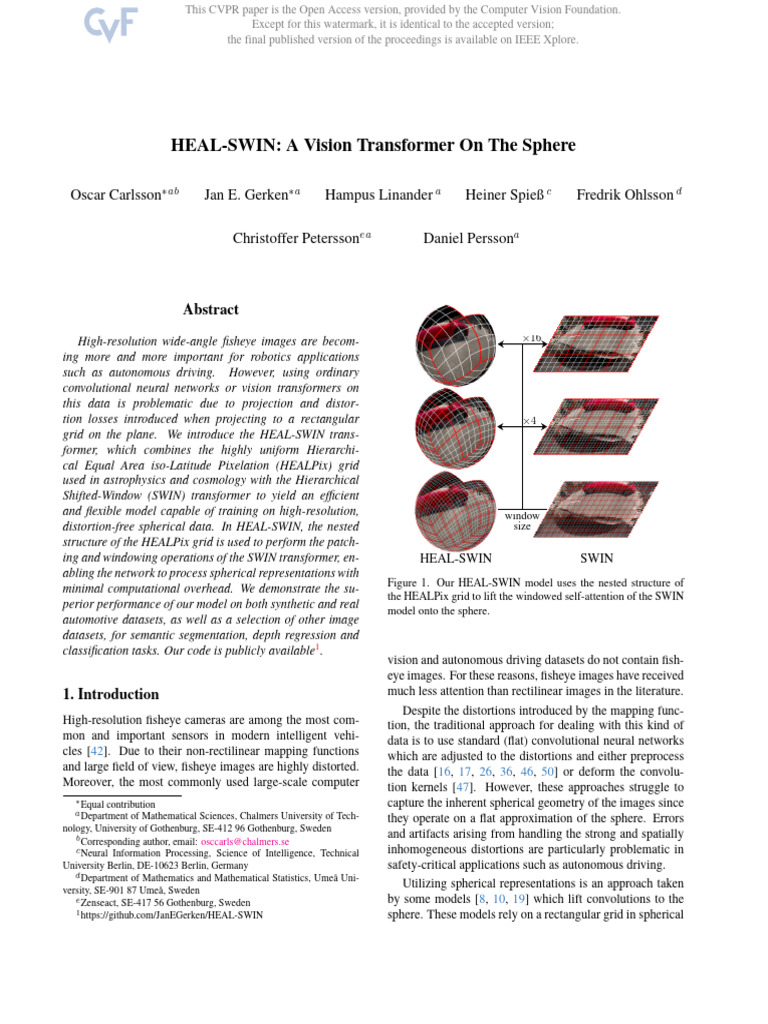 Carlsson HEAL-SWIN A Vision Transformer On The Sphere CVPR 2024 Paper | PDF