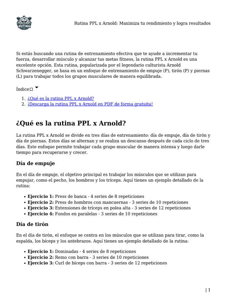 Rutina PPL X Arnold - Maximiza Tu Rendimiento y Logra Resultados | PDF