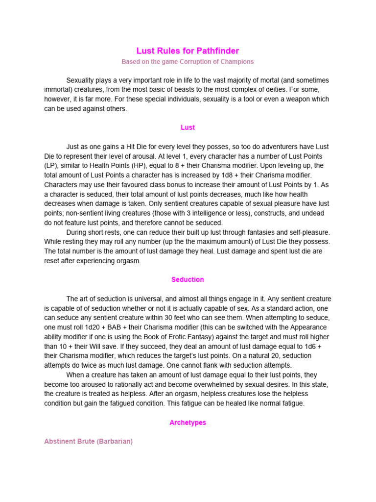 Lust Rules For Pathfinder (WIP) | PDF