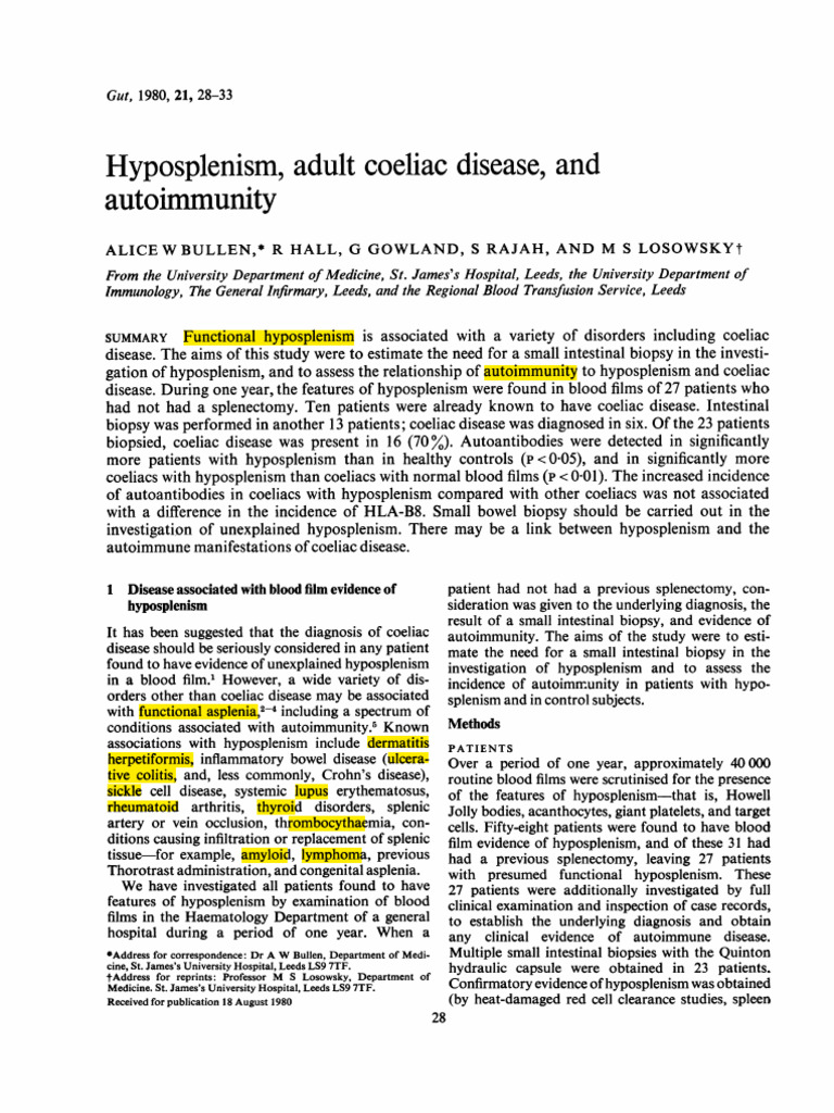 Hyposplenism With Celaic | PDF | Coeliac Disease | Autoimmunity