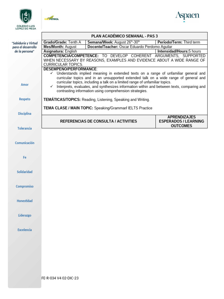 PAS 3 - English 10th-A - Grade - Third Term | PDF