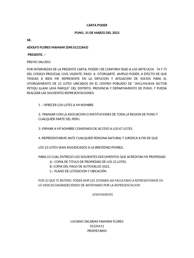 Carta Poder Venta Lote | PDF