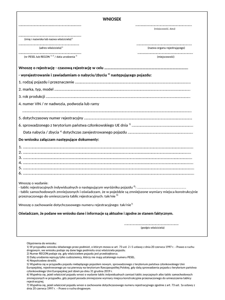 Wniosek o Rejestracje Pojazdu - Nowy | PDF