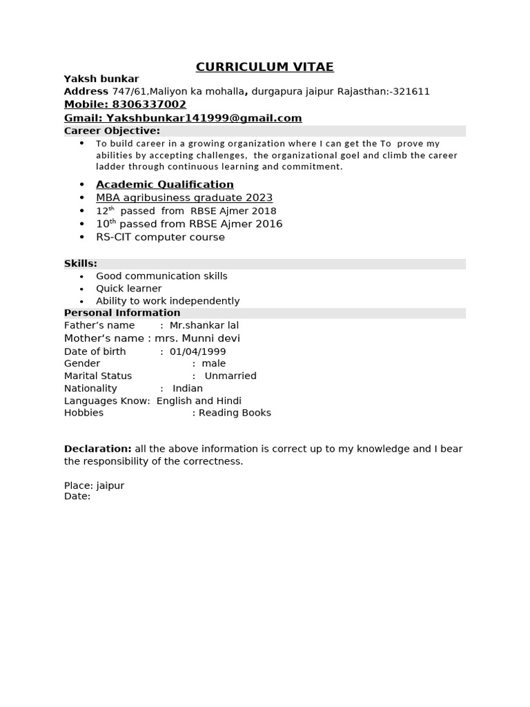 Simple Fresher Resume Format 5 | PDF