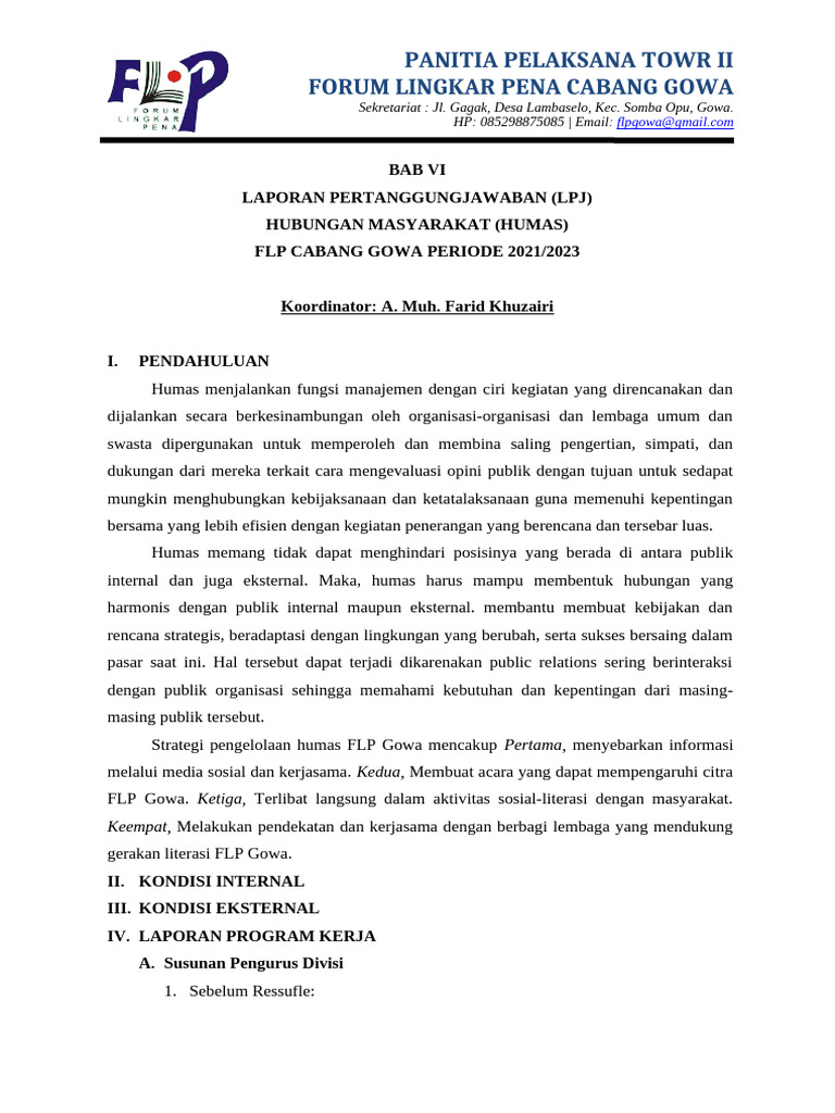 LPJ HUBUNGAN MASYARAKAT FLP Gowa | PDF