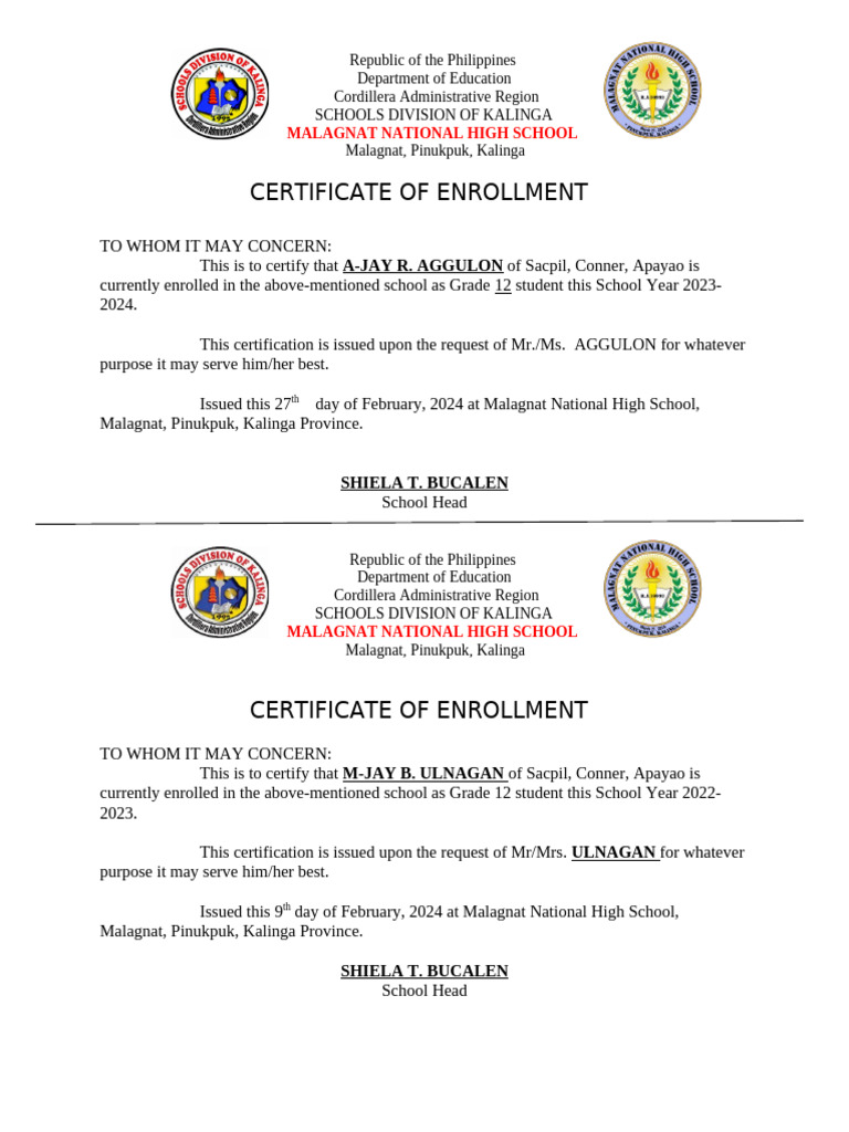 Certificate of Enrollment | PDF