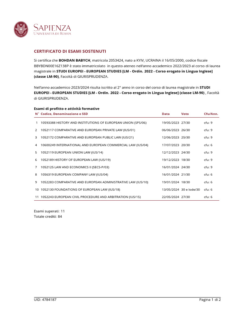 Certificato Di Esami Sostenuti: N Codice, Denominazione e SSD Data Voto Cfu/Ann | PDF