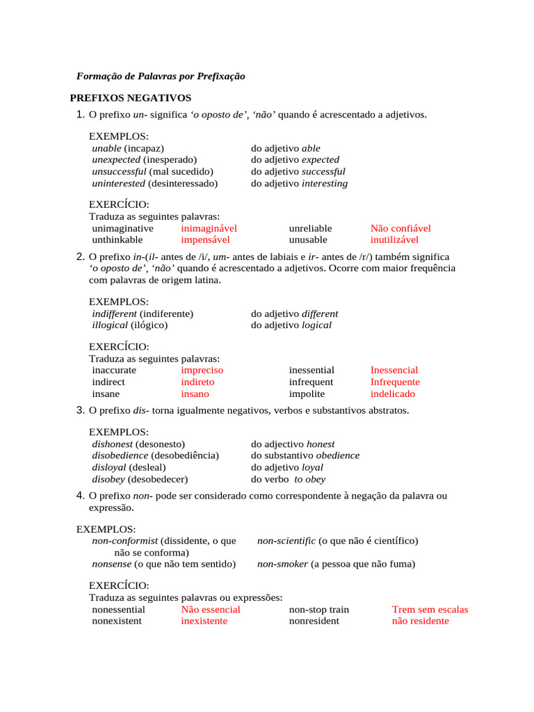 Formação de Palavras Por Prefixação Com Respostas | PDF | Gramática ...