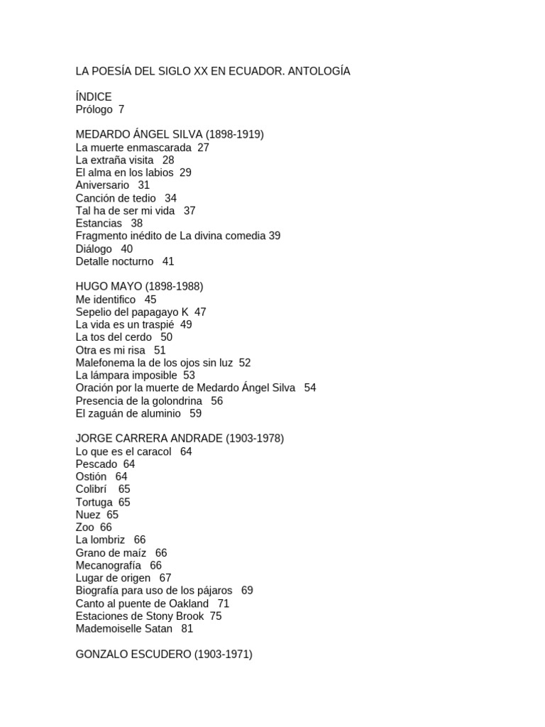 (Índice) La Poesía Del Siglo XX en Ecuador | PDF
