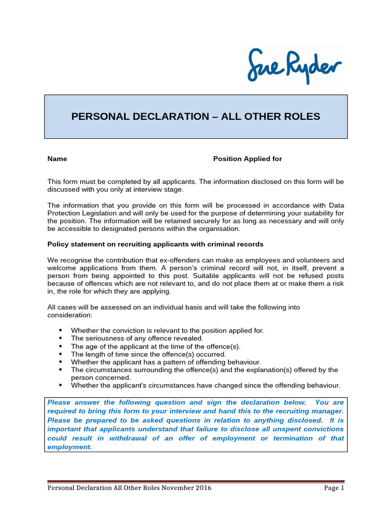 Personal Declaration Form All Other Roles Dec 17 | PDF