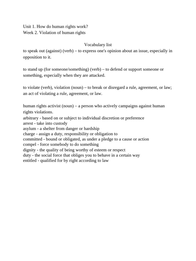 Unit 1. Week 2. Vocabulary List | PDF