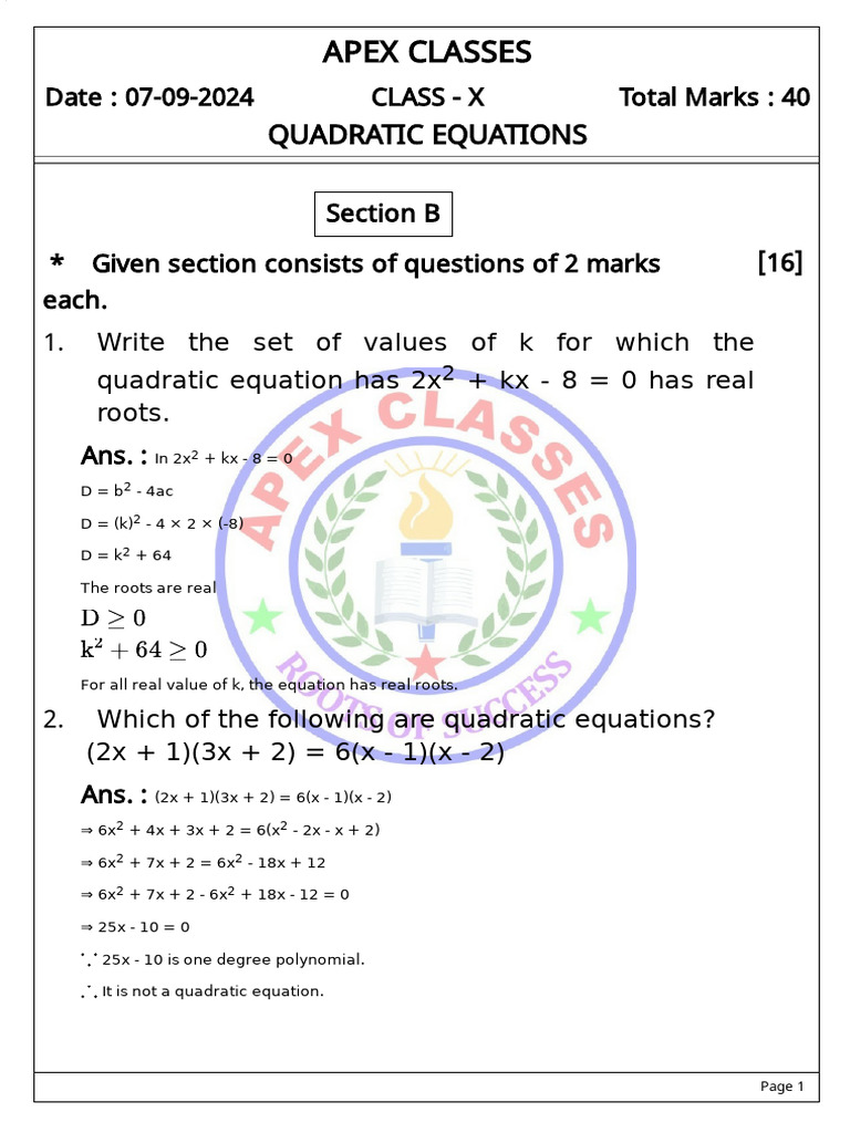 Quadratic Equations Practice Sheet 3 - Solution | PDF