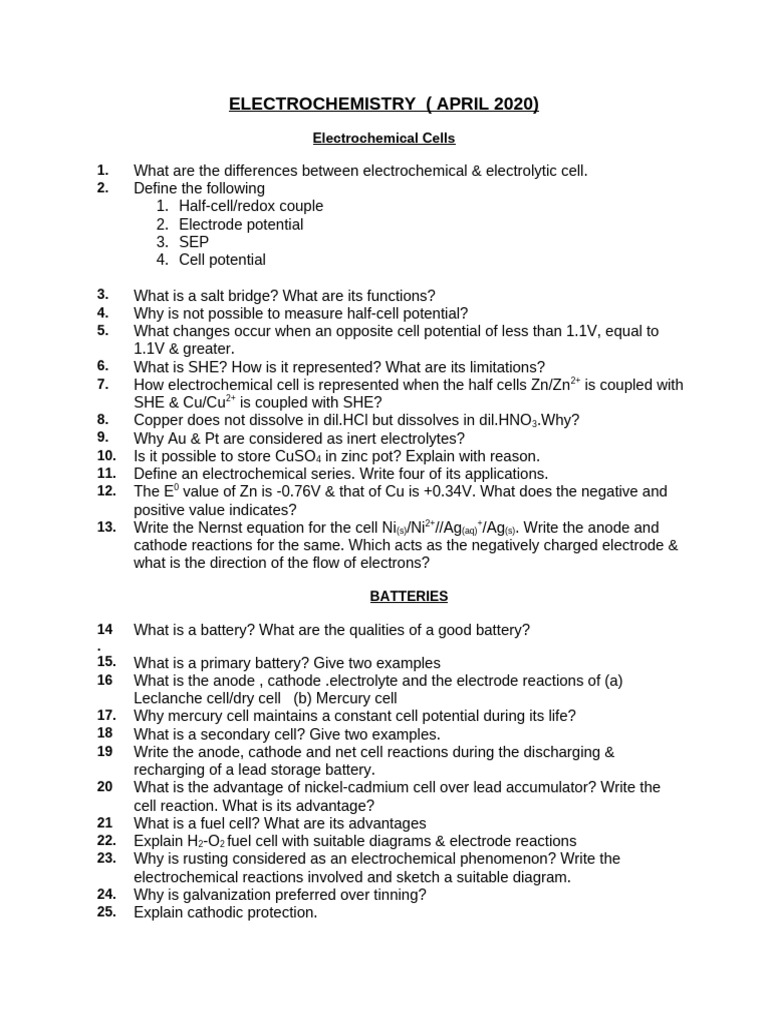 ELECTROCHEMISTRY - Worksheet | PDF