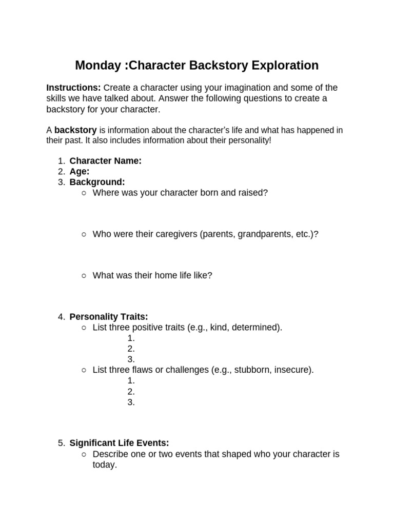 Monday - Character Backstory Exploration | PDF