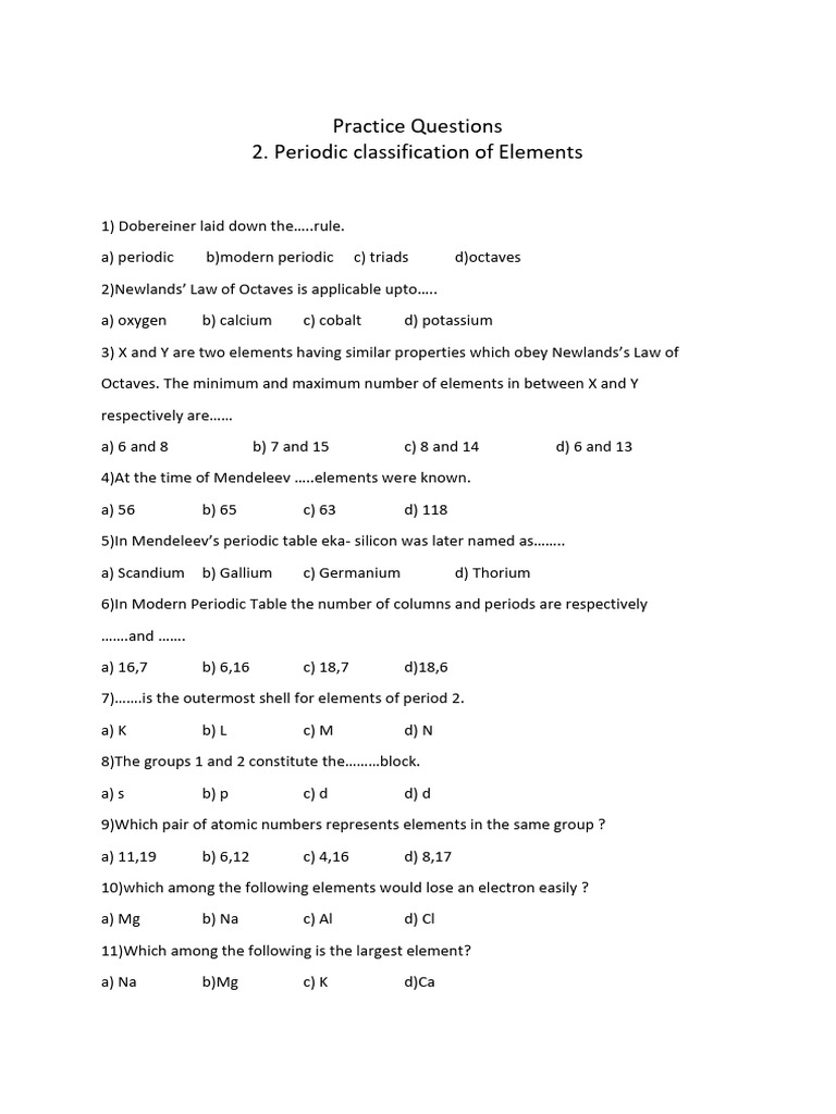 Periodic Classification Practice Questions | PDF | Periodic Table ...
