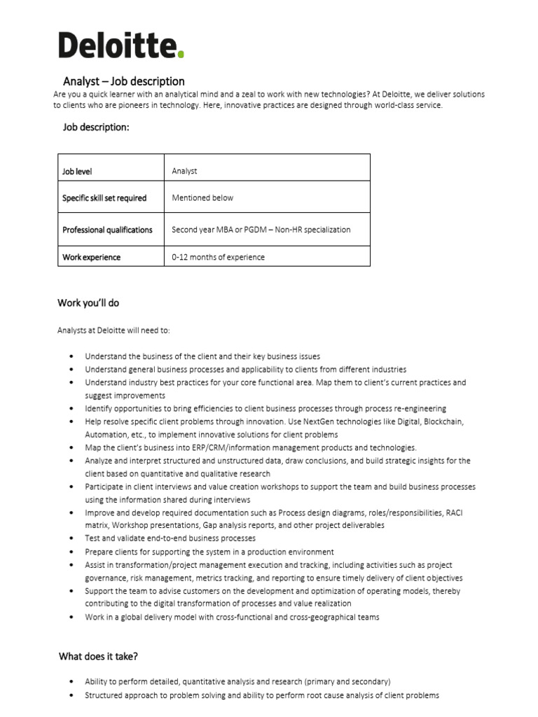 Deloitte USI - Analyst JD | PDF