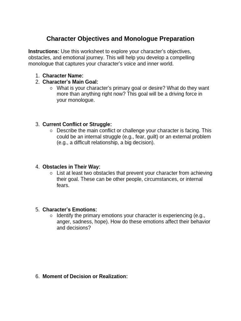 Character Objectives and Monologue Preparation | PDF | Emotions | Self ...