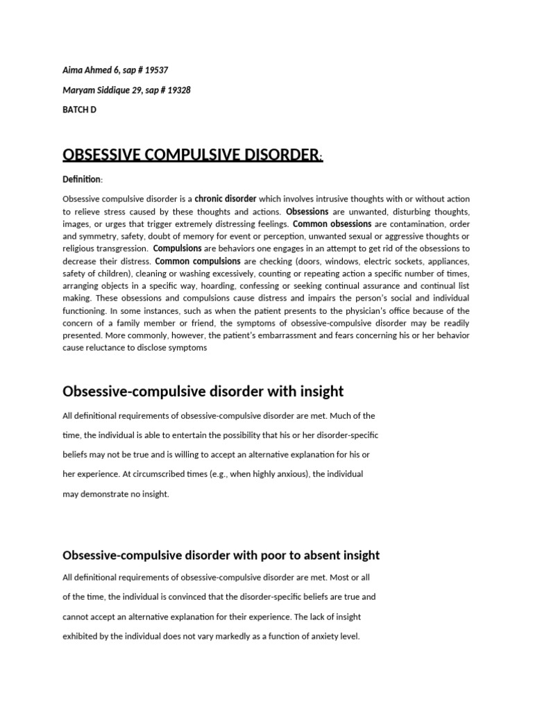 Obsessive-Compulsive Disorder With Insight | PDF