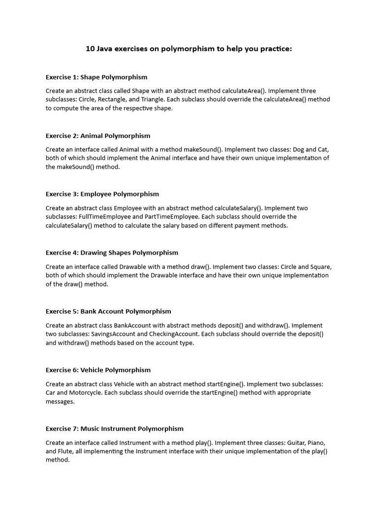 10 Java Exercises On Polymorphism To Help You Practice | PDF