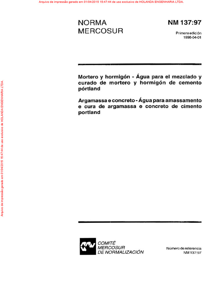 NBR NM 137 - Argamassa e Concreto - Água para Amassamento e Cura Do Concreto | PDF