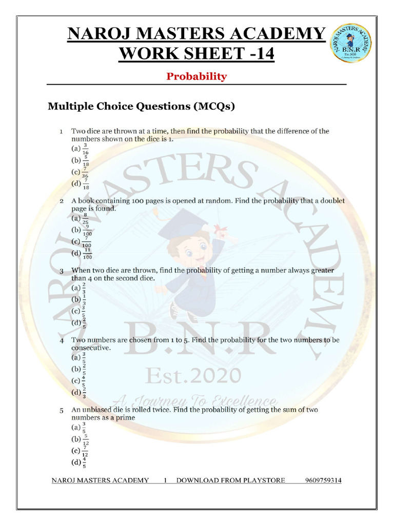 Probability (MCQ, CS and AR) | PDF