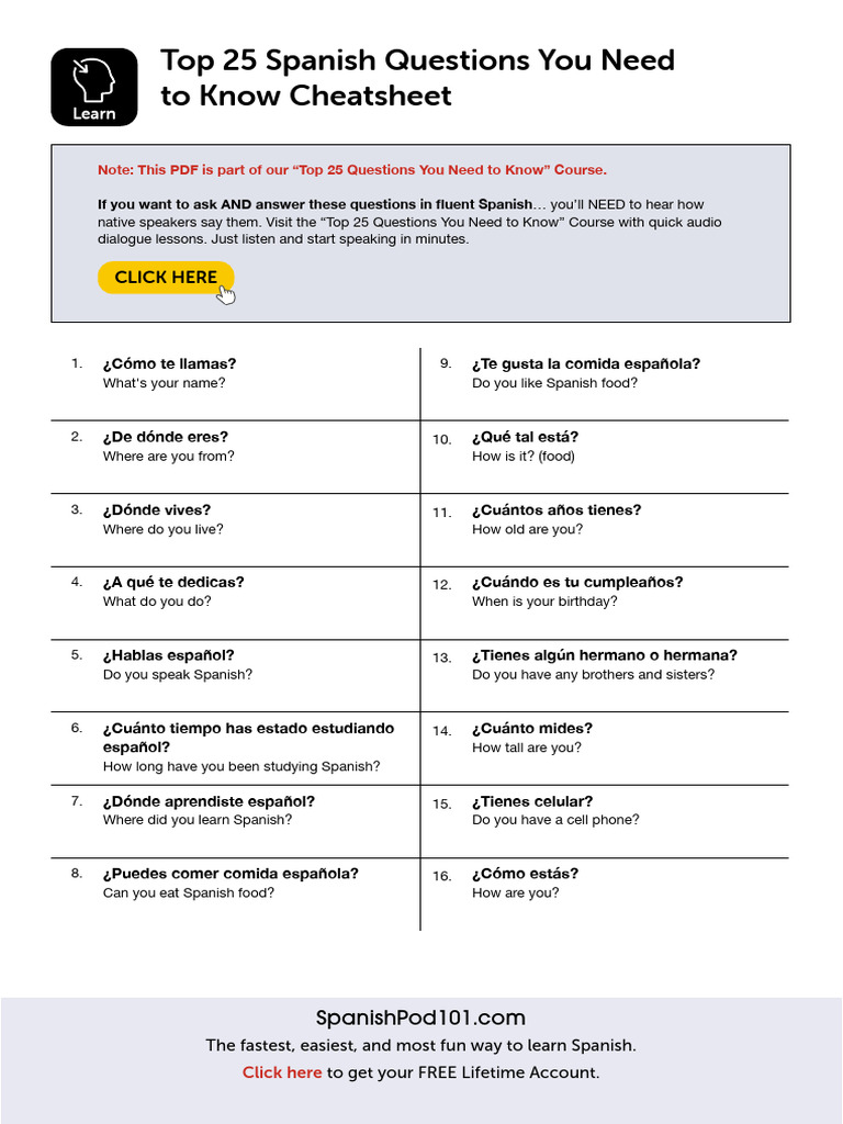 Spanish Top25 Cheatsheet | PDF