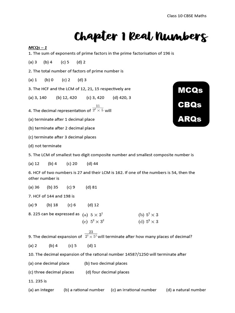 Chapter 1 Real Numbers 10th CBSE MCQs and CBQs | PDF | Numbers ... Chapter 1 Real Numbers 10th CBSE MCQs and CBQs | PDF | Numbers ...