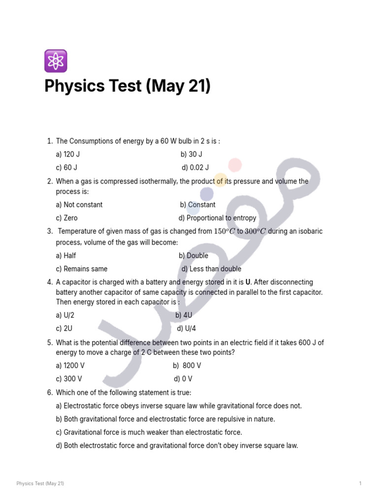 Physics Test (May 21) | PDF