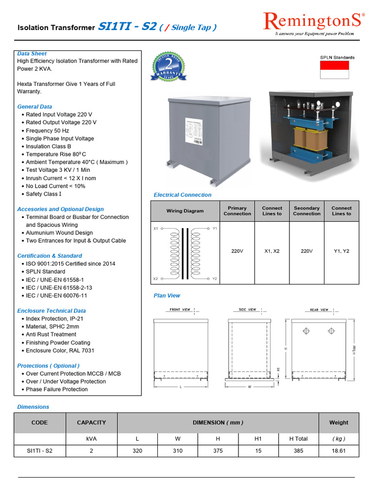 Data Sheet Dry Type Isolation Transformer 1P 2kVA (R) | PDF