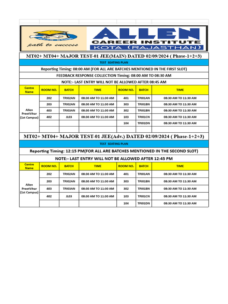 TEST SEATING PLAN On 2nd SEP | PDF