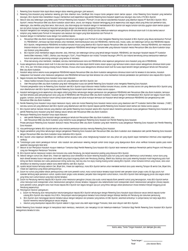 Ketentuan Tambahan Bagi Pemilik RDN BCA Syariah | PDF