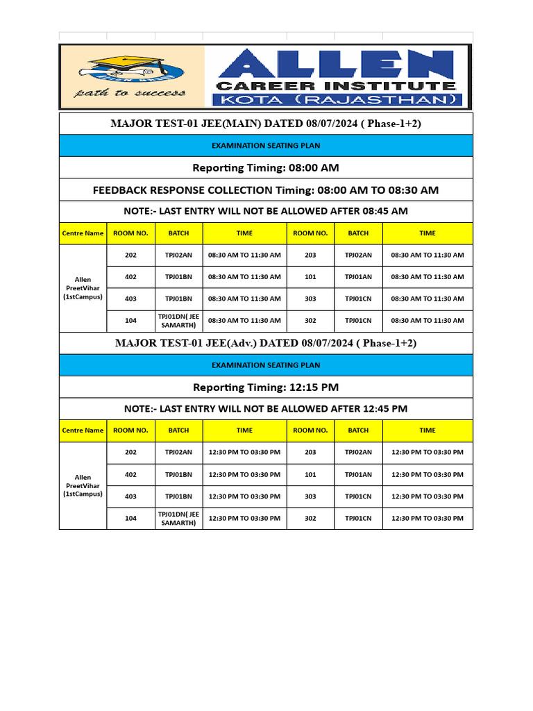 TEST SEATING PLAN On 08th July | PDF