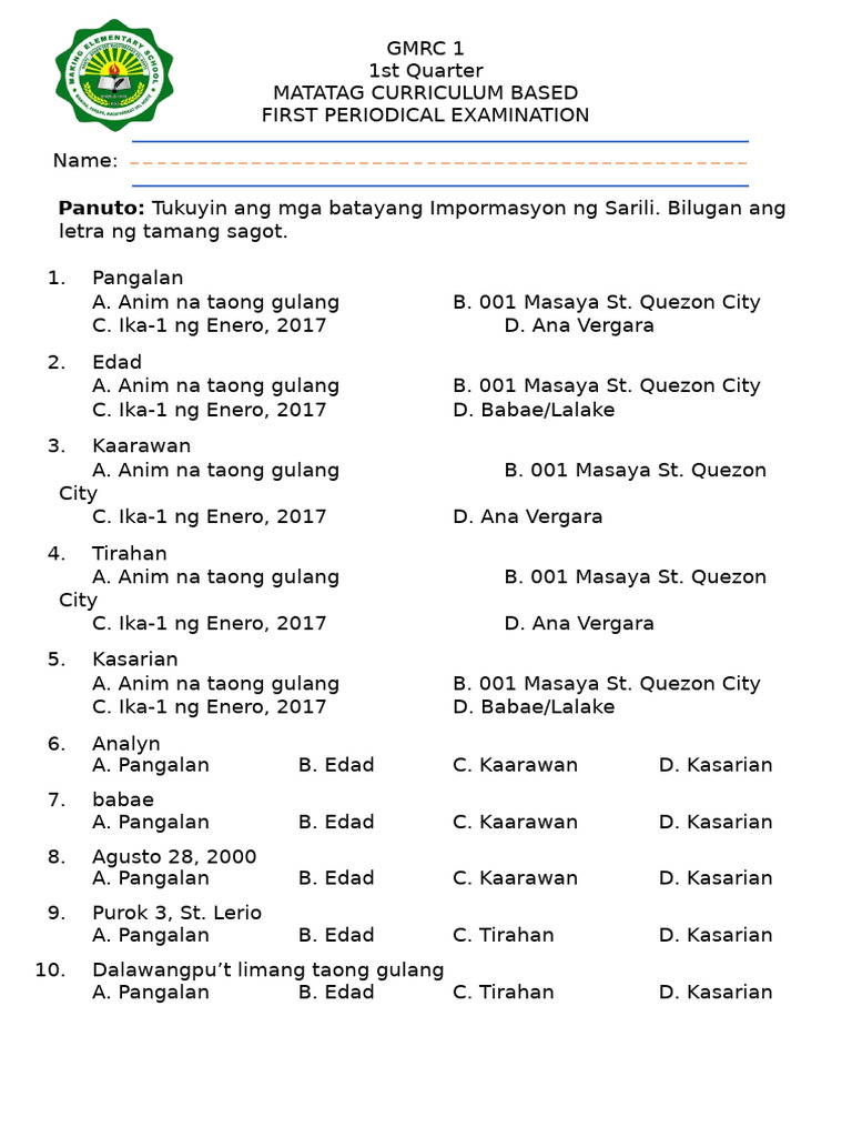 GMRC Grade 1 Periodical Exam Guide | PDF | Sports & Recreation | Wellness