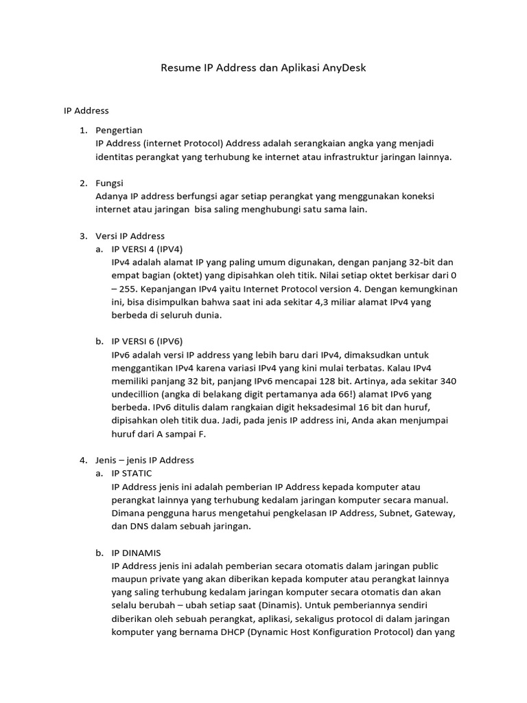 Resume IP Address Dan Aplikasi AnyDesk | PDF
