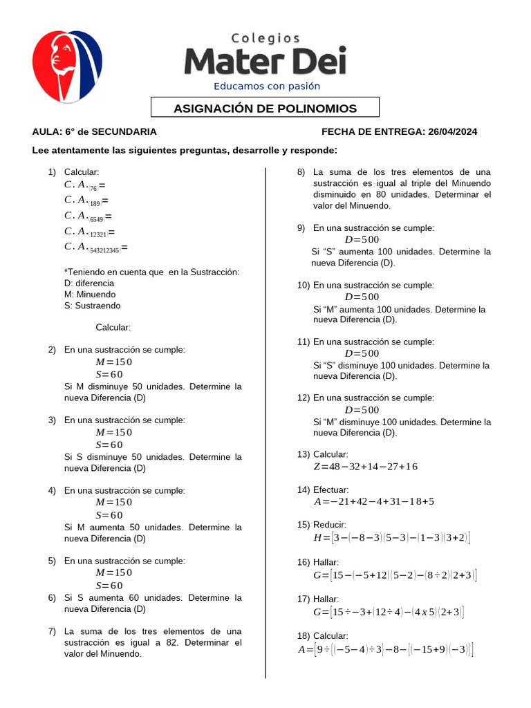 Asignatura Polinomios 6prim | PDF