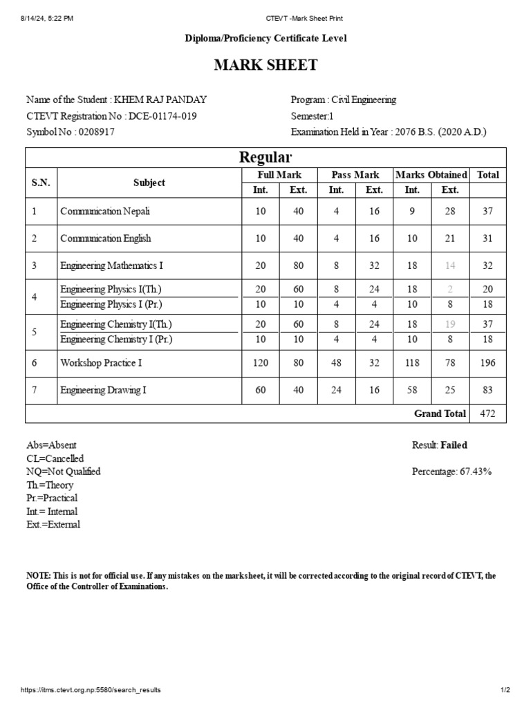 CTEVT -Mark Sheet Print (9) | PDF