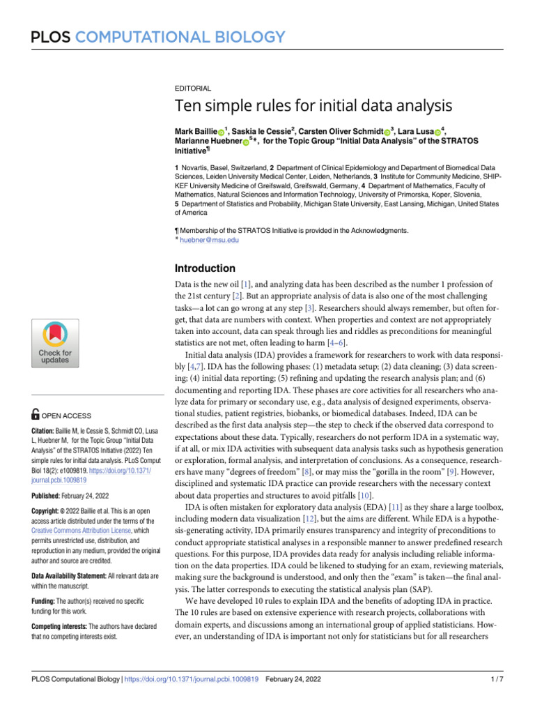 Ten Simple Rules For Initial Data Analysis | PDF